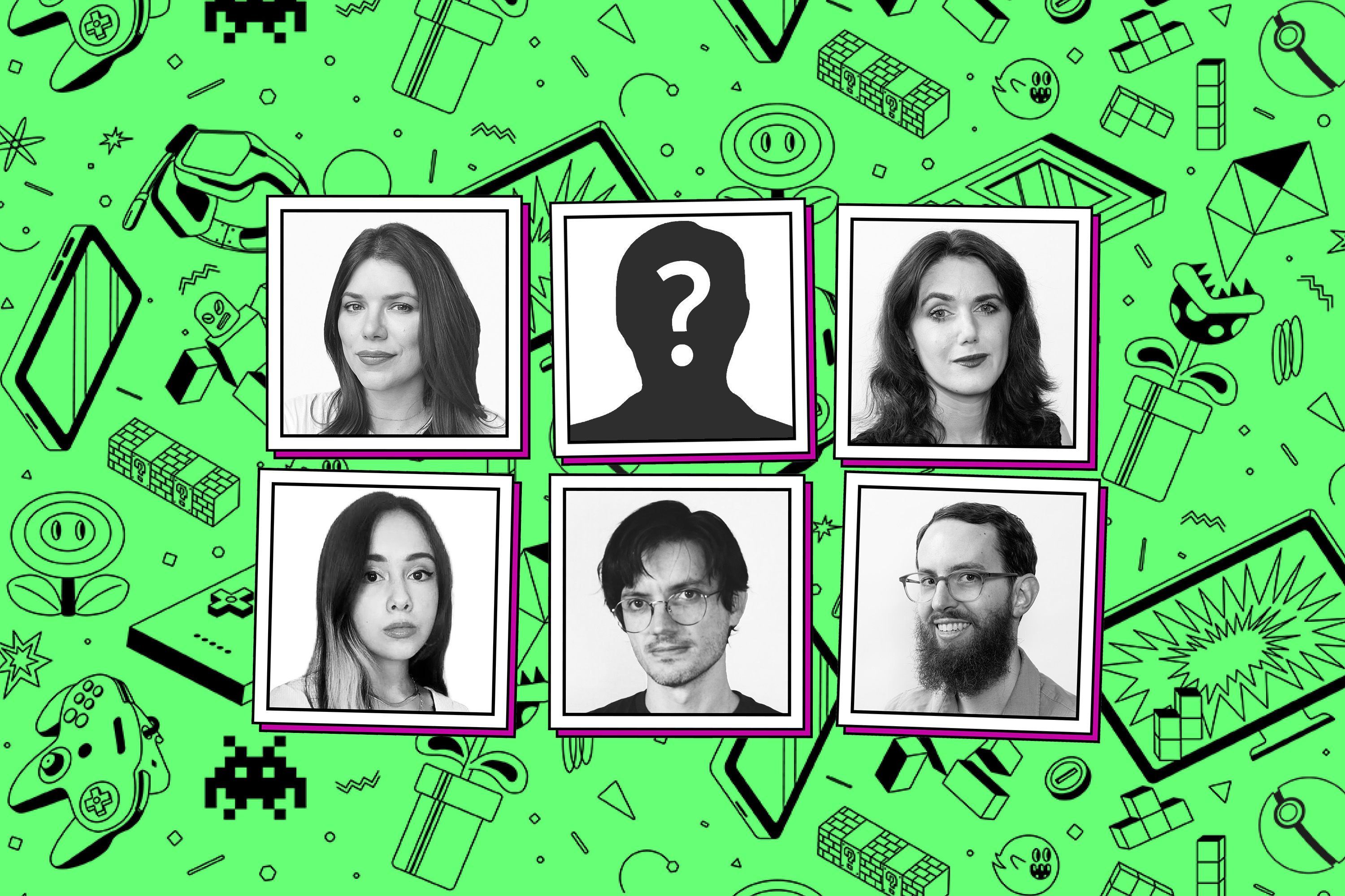 six portraits in a grid, with one mystery guest amid the five members of Polygon’s video team, on a video game-themed neon green background