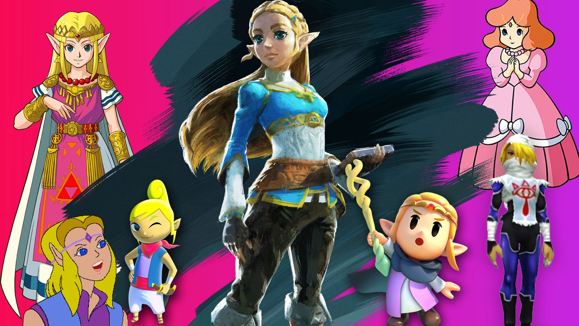 A collage of different Zelda’s throughout the series, including The Legend of Zelda, Breath of the Wild, A Link to the Past, Wand of Gamelon, Ocarina of Time, WIndwaker, and Echoes of WIsdom.