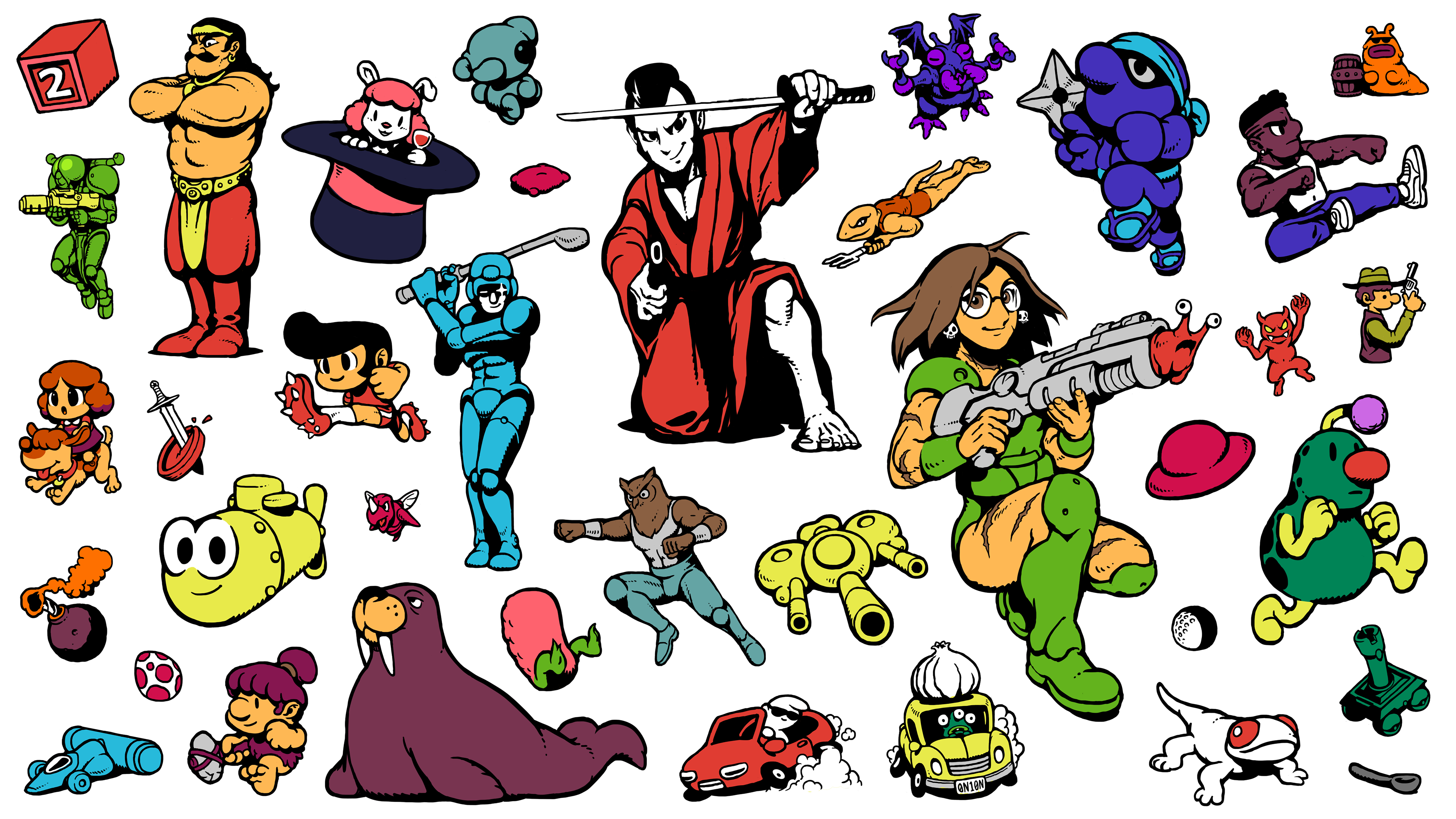 Promotional art for UFO 50 depicting several cartoonish colorful characters posing together on a transparent background