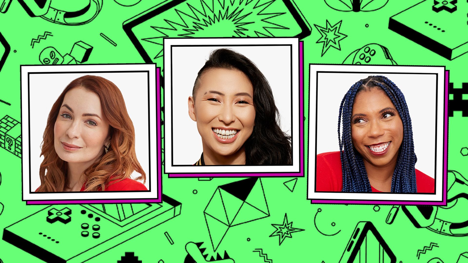 Headshots of Felicia Day, Erika Ishii, and Aabria Iyengar smiling on a green backdrop.