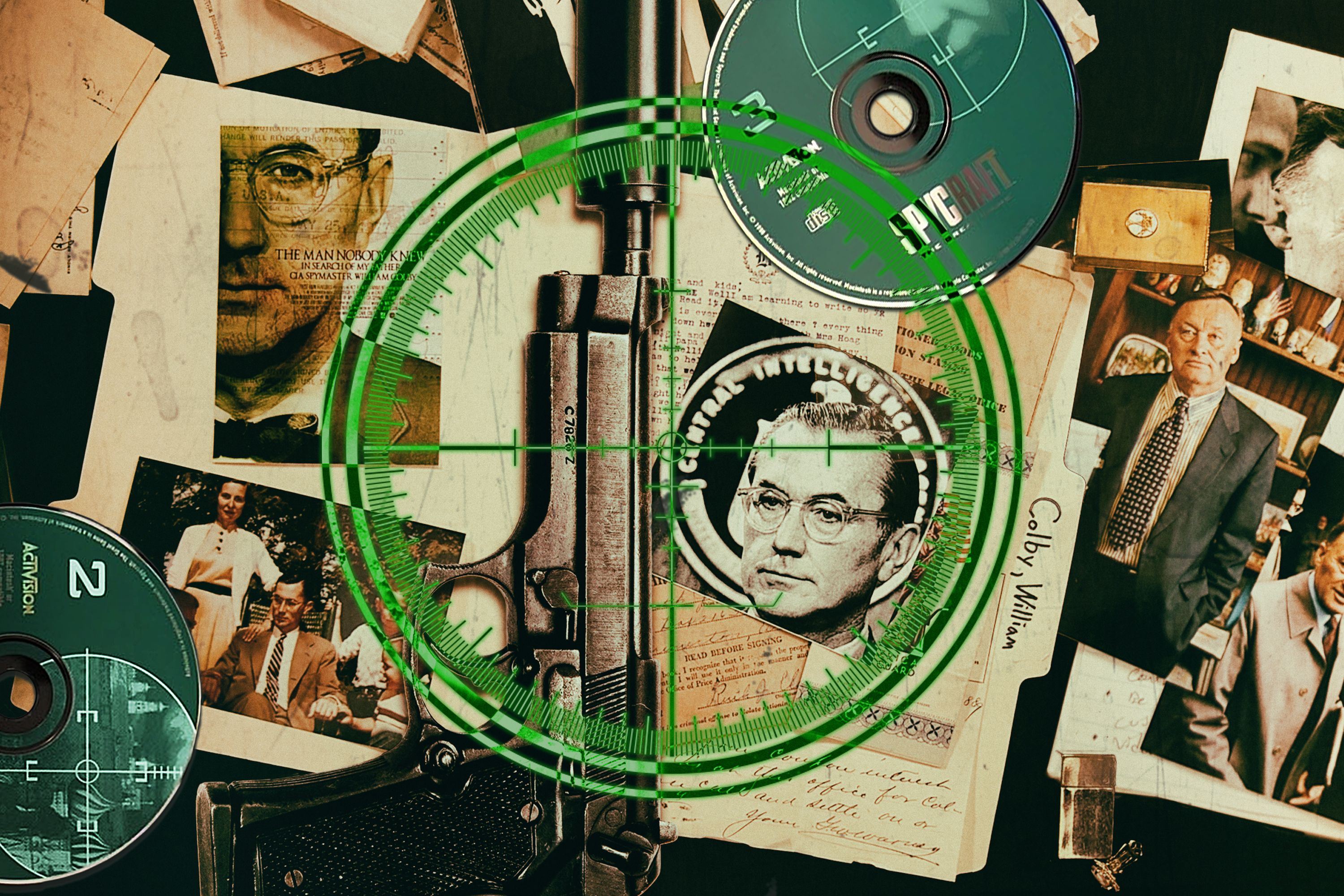 A collage of spy artifacts and photos of William Colby and Oleg Kalugin