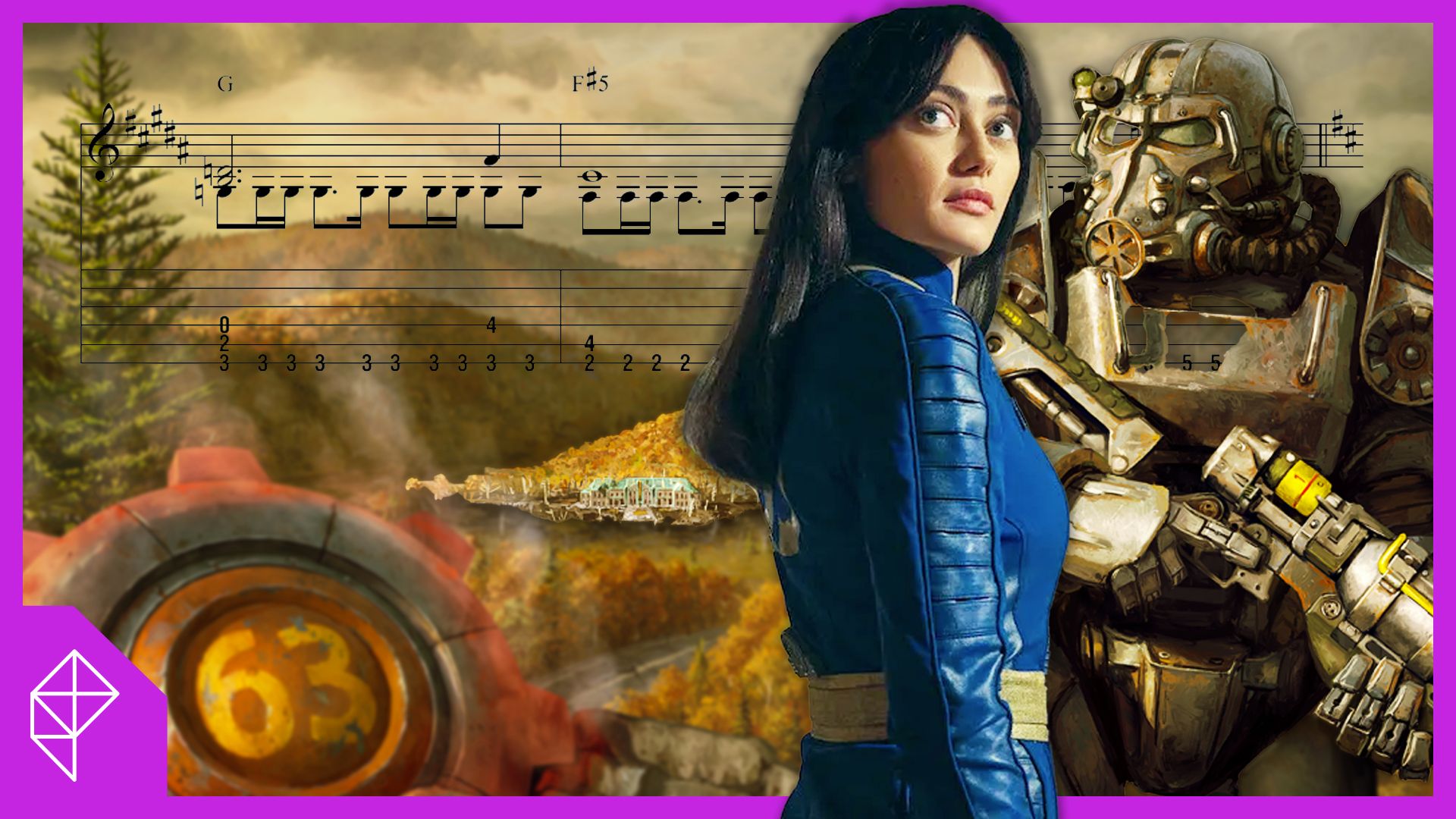 Lucy from the Fallout TV series, standing next to a Brotherhood of Steel Knight against a country backdrop.