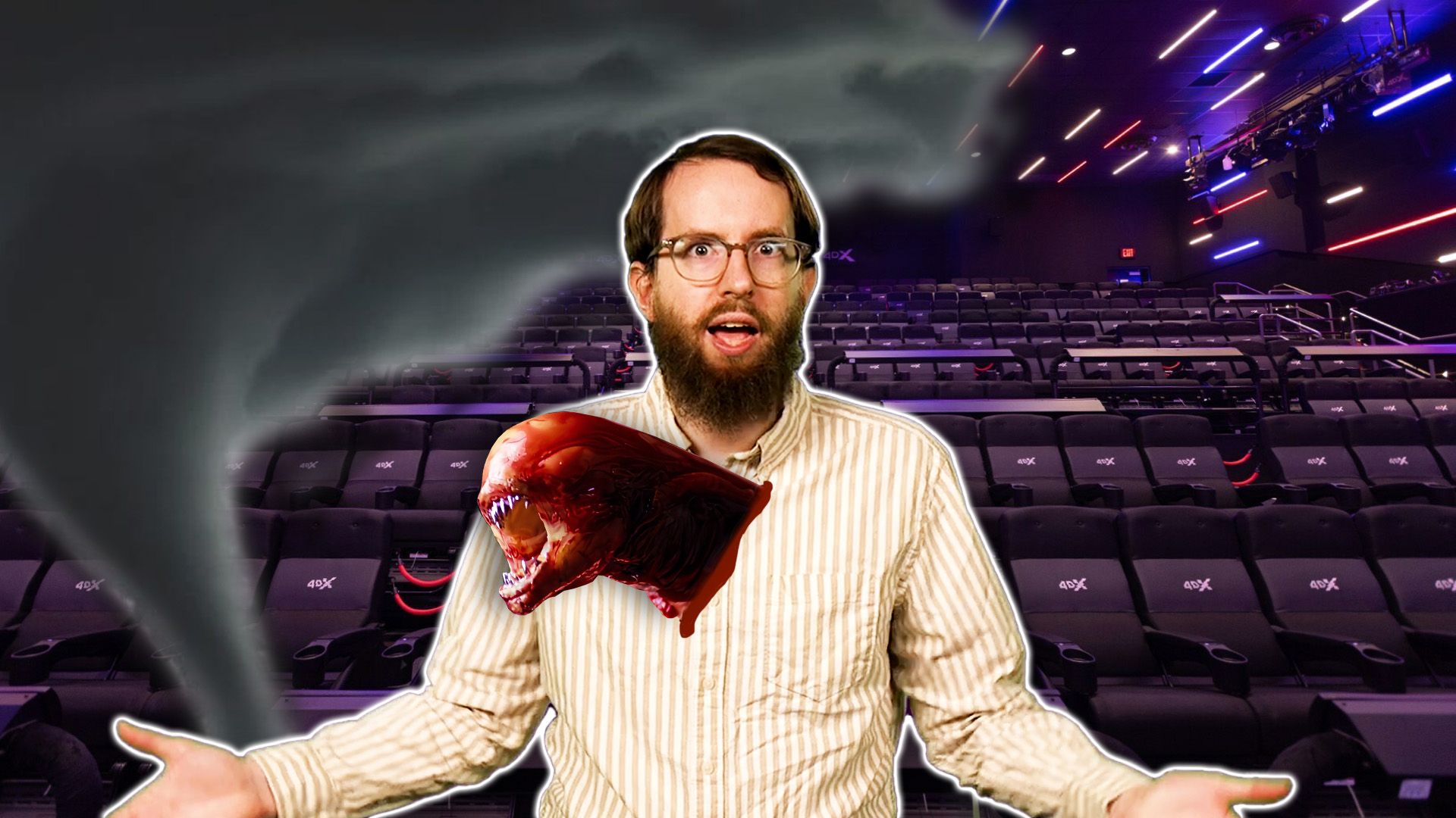 Clayton Ashley stands in front of a tornado, with one of those Alien creatures emerging from his chest.