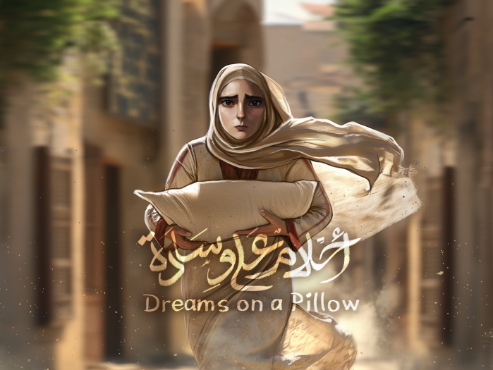 A Palestinian woman carries a pillow through a street
