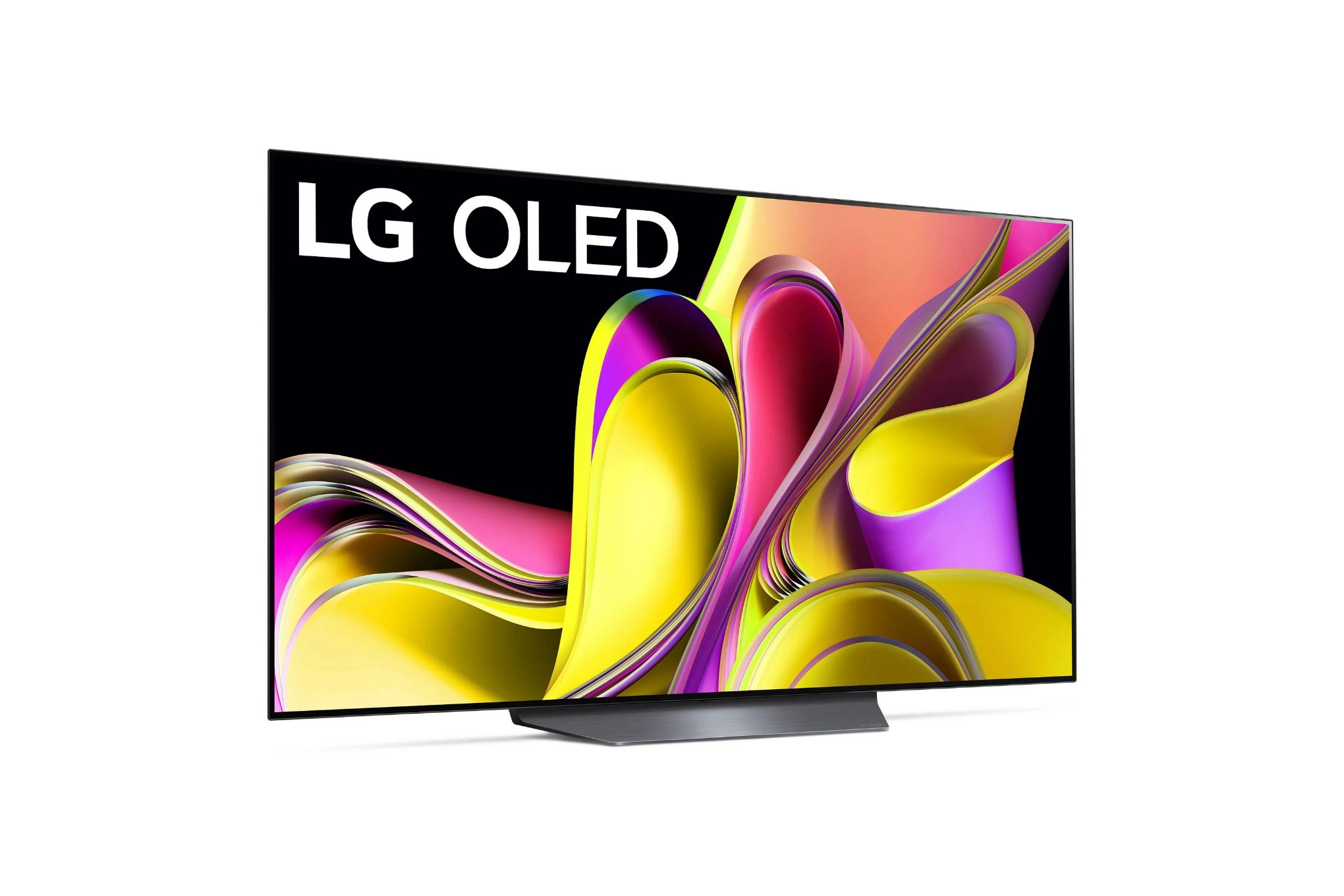 A picture of the LG B3 OLED turned slightly to its side. Its displaying abstract imagery with the LG OLED logo on its top left.