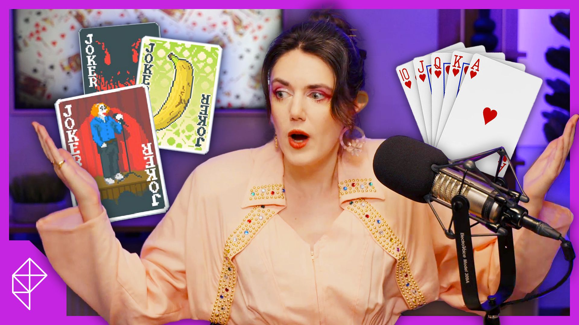 Simone looking shocked, arms outstretched in a purple studio. Some floating cards are behind her.