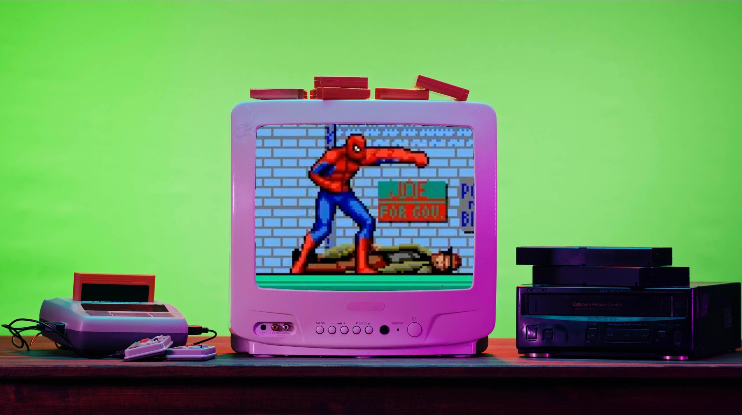 An enlarged screenshot of Spider-Man on an old CRT TV.