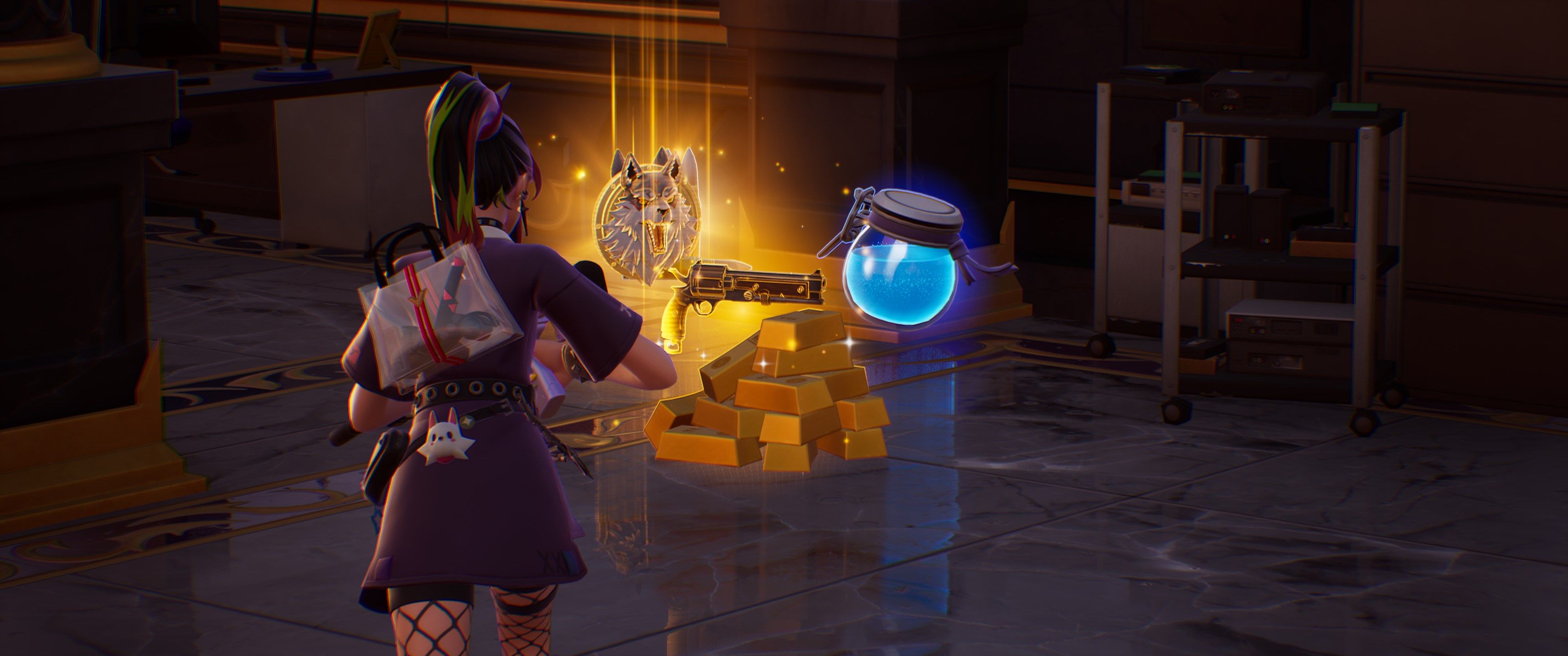 Helsie approaches a shining medallion with a wolf head in Fortnite.