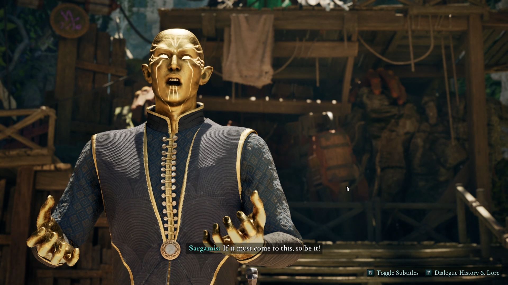 The golden godlike Sargamis, gesticulating in anger as he rants.