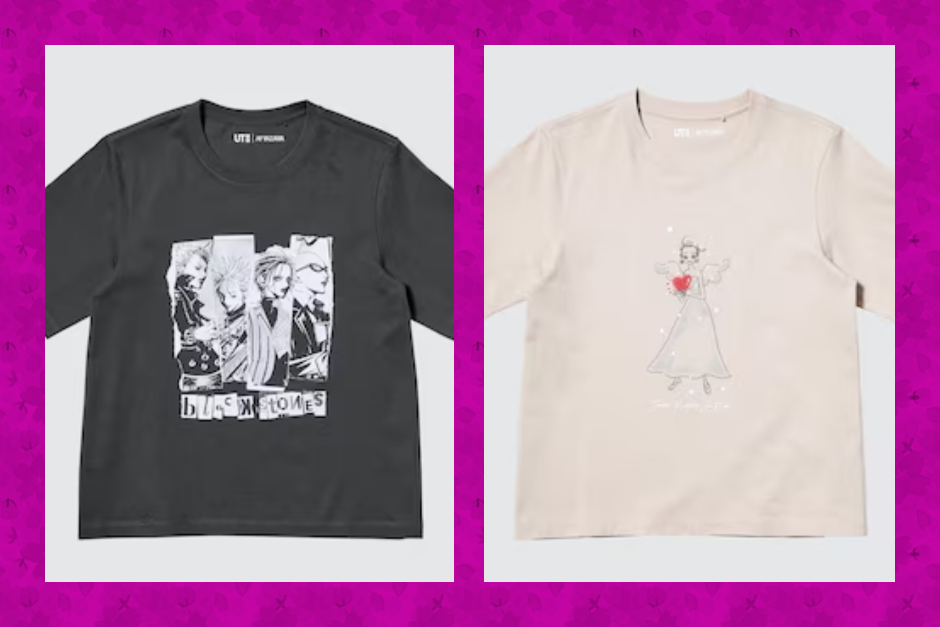 A collage featuring two t-shirts with anime designs.