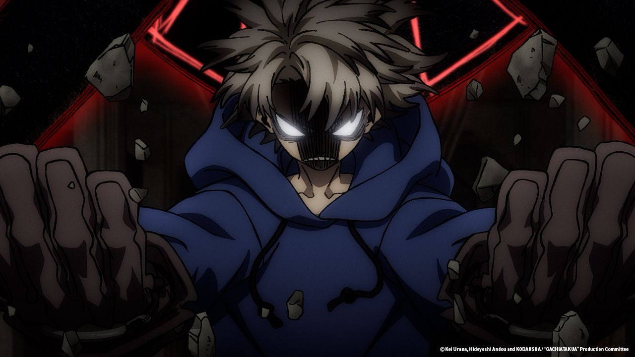 A scene from the Gachiakuta trailer showing a character with a blue hoodie