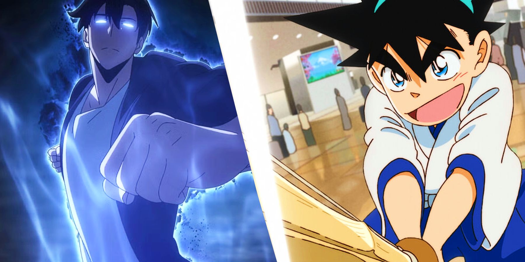 Yaiba frin YAIBA: Samurai Legend slashing with his kendo sword and Sung Jinwoo from Solo Leveling performing an attack while clad in aura