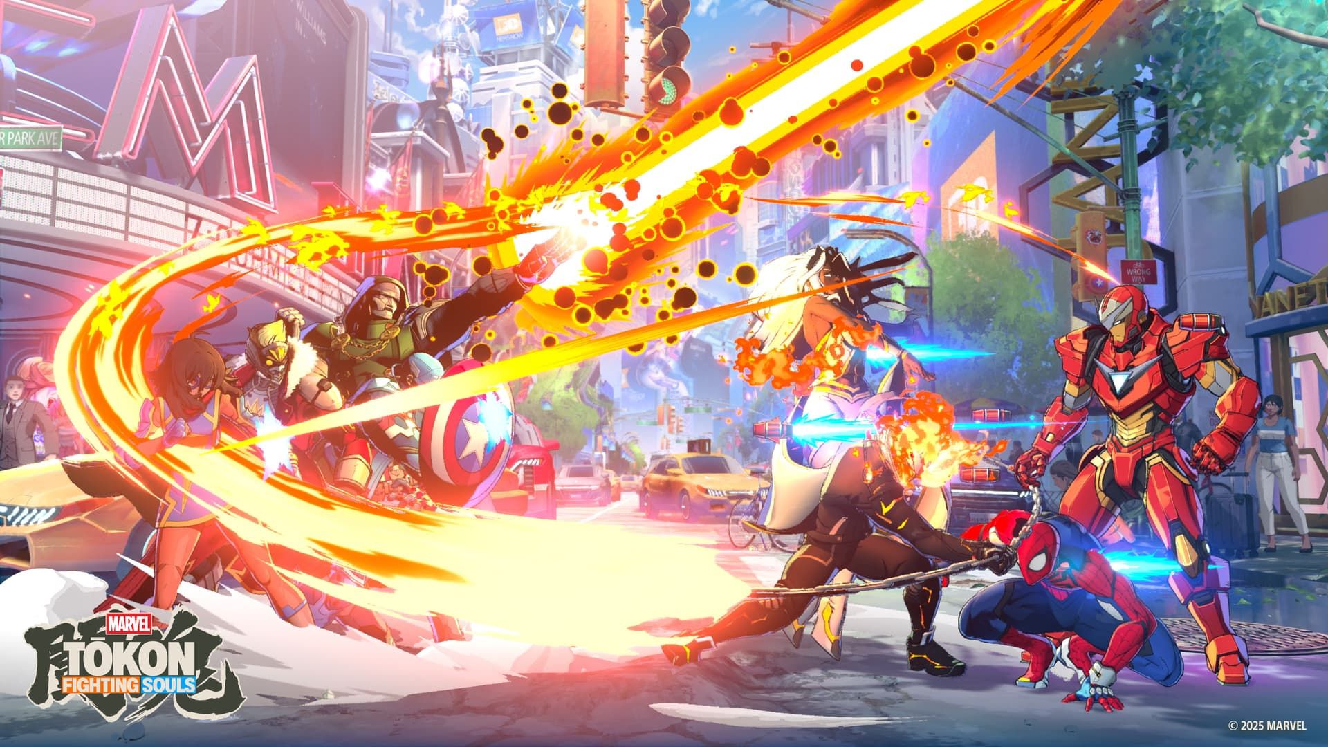 Kamala Khan, Star Lord, Doctor Doom and Captain America vs Storm, Ghost Rider, Spider-Man, nd Iron Man in Marvel Tokon: Fighting Souls