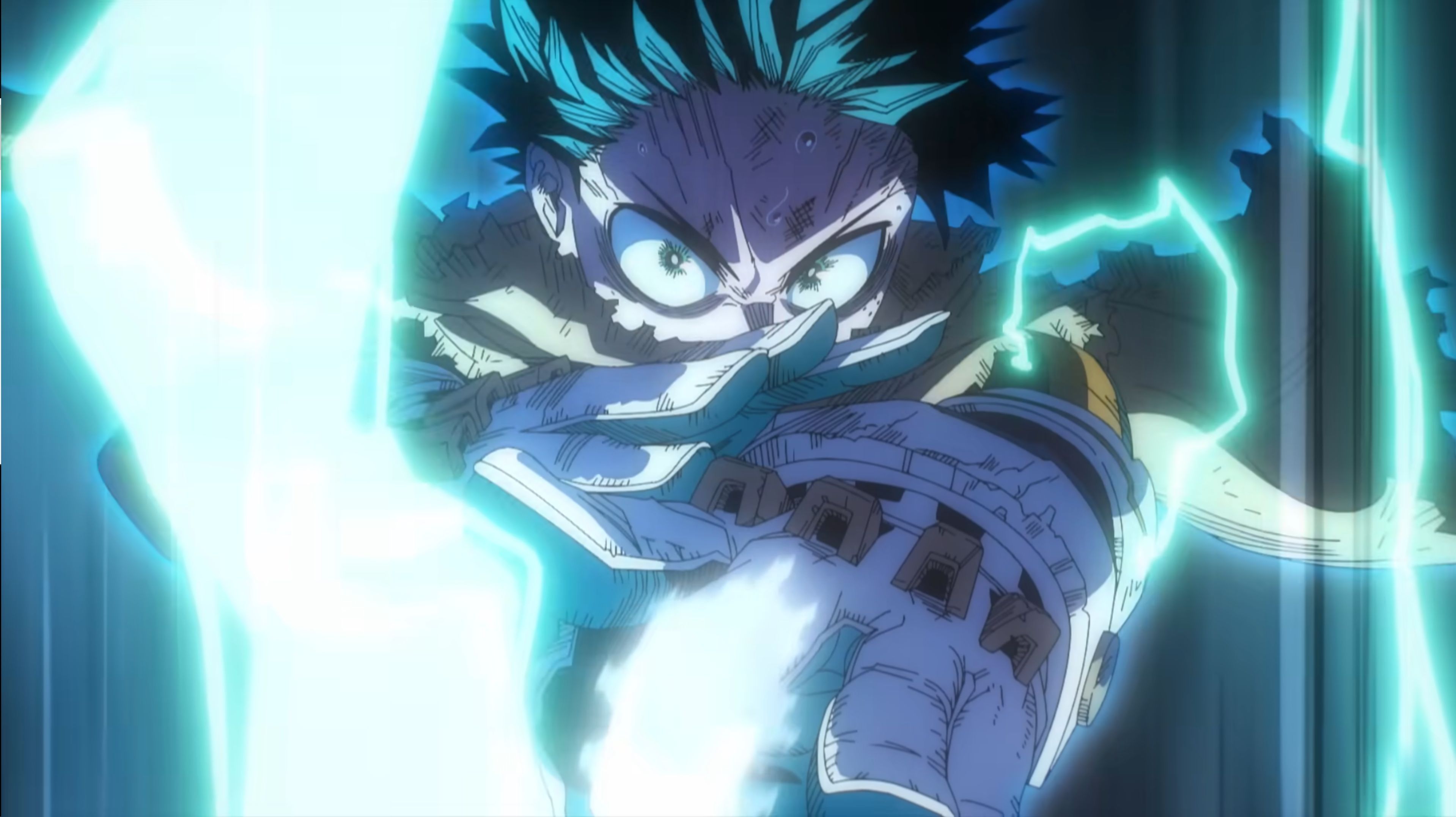 A green haired boy (Deku) powering up in My Hero Academia