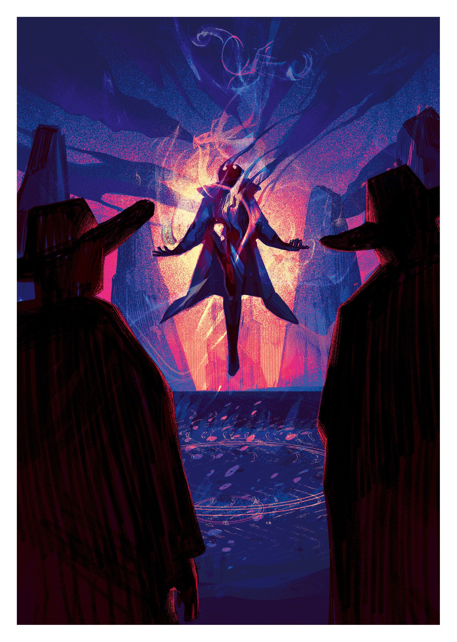 A figure floats in the air above a ritual circle observed by two people in cowboy hats in art from We Deal in Lead.