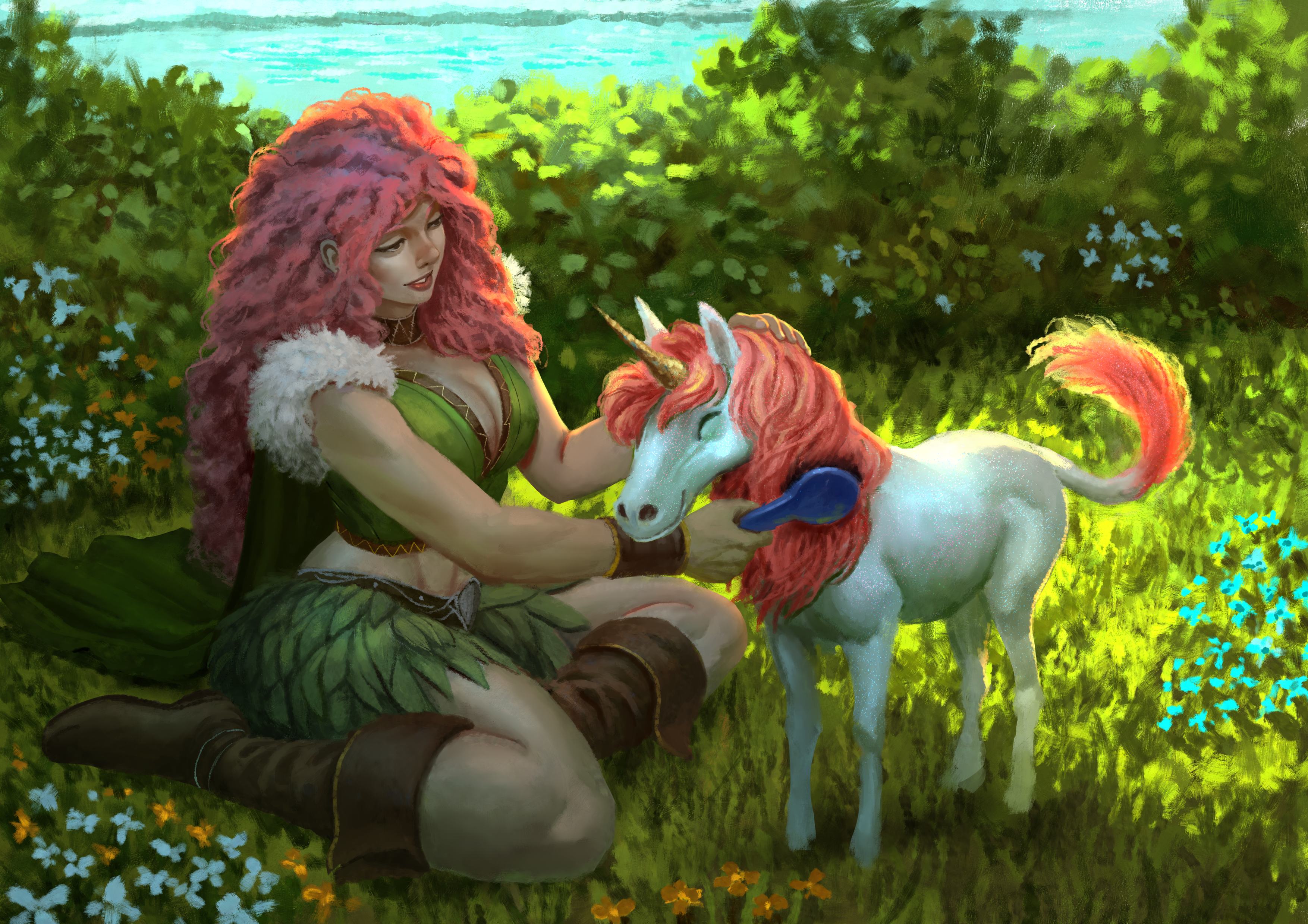 A woman brushes a tiny unicorn’s mane while sitting in a meadow in Pets & Sidekicks.