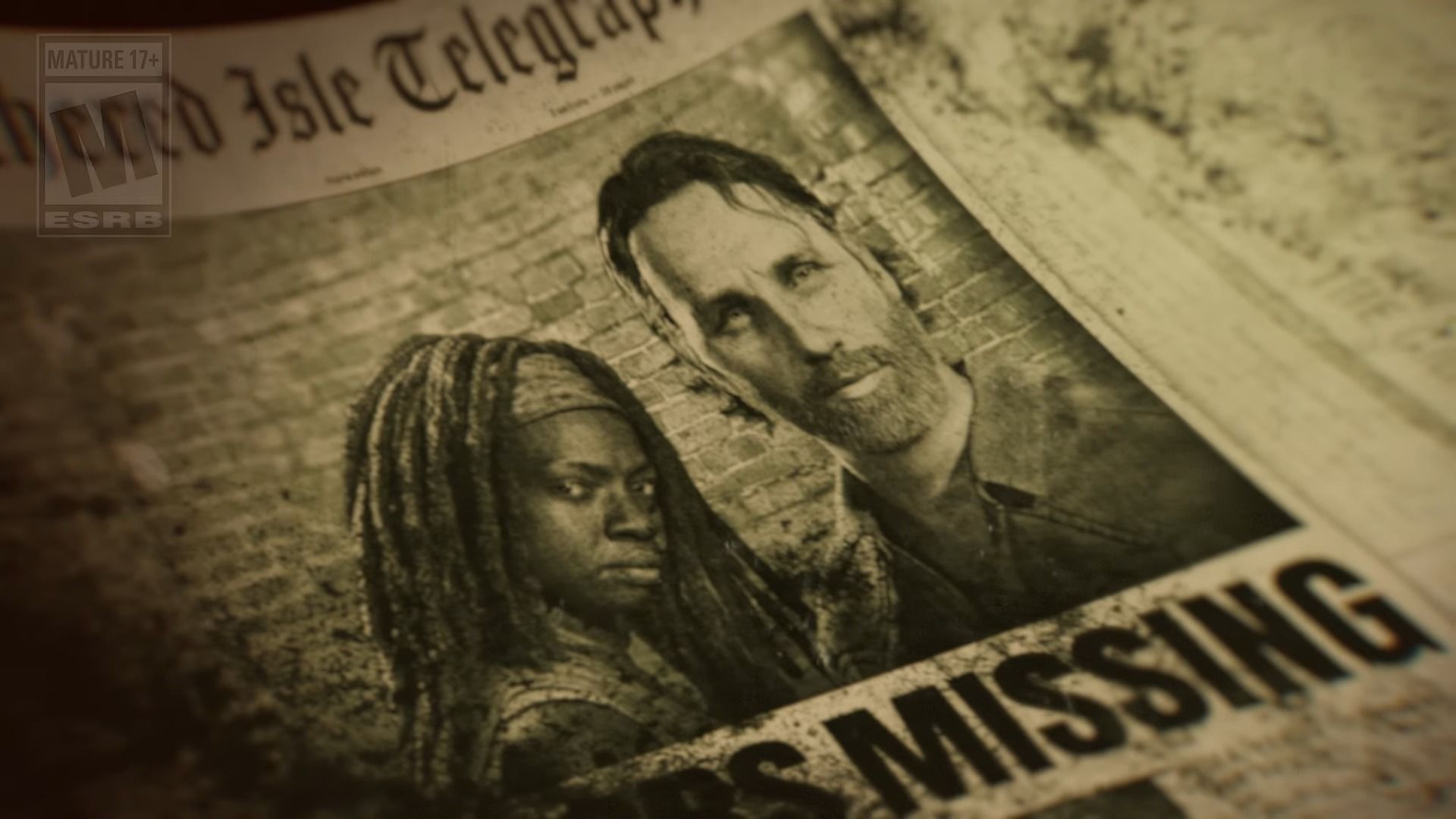 A screenshot from Dead by Daylight The Walking Dead with Rick and Michonne on a Missing Persons poster