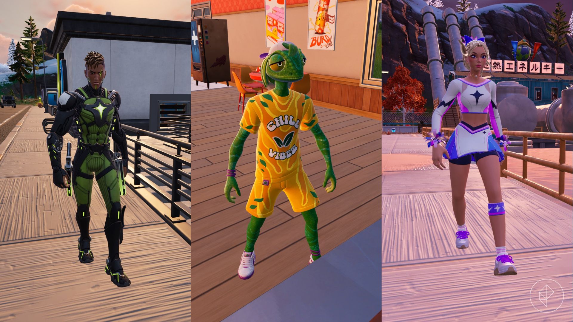 Hired Heroes Killswitch, Ziggy, and Haylee Skye walking menacingly in Fortnite.