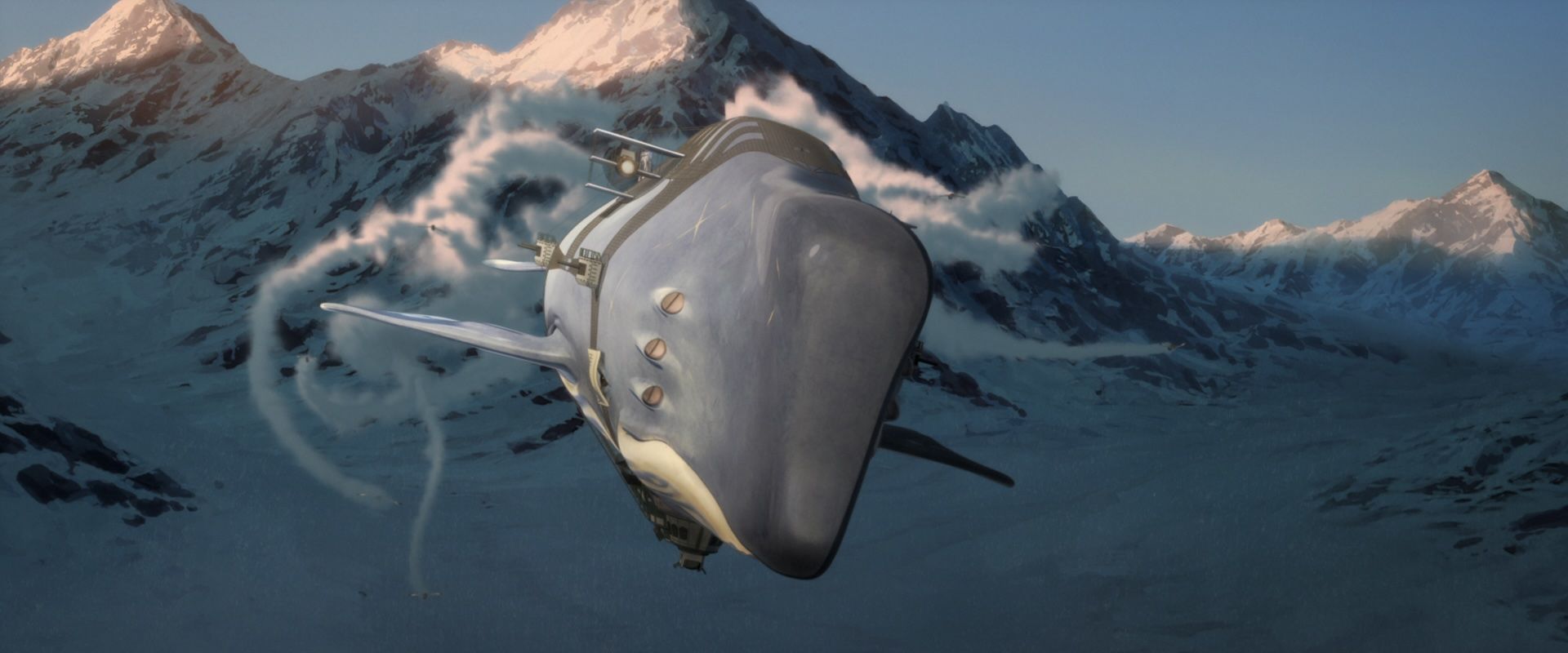A giant flying whale with engines on top of it flies over the Swiss Alps in Leviathan