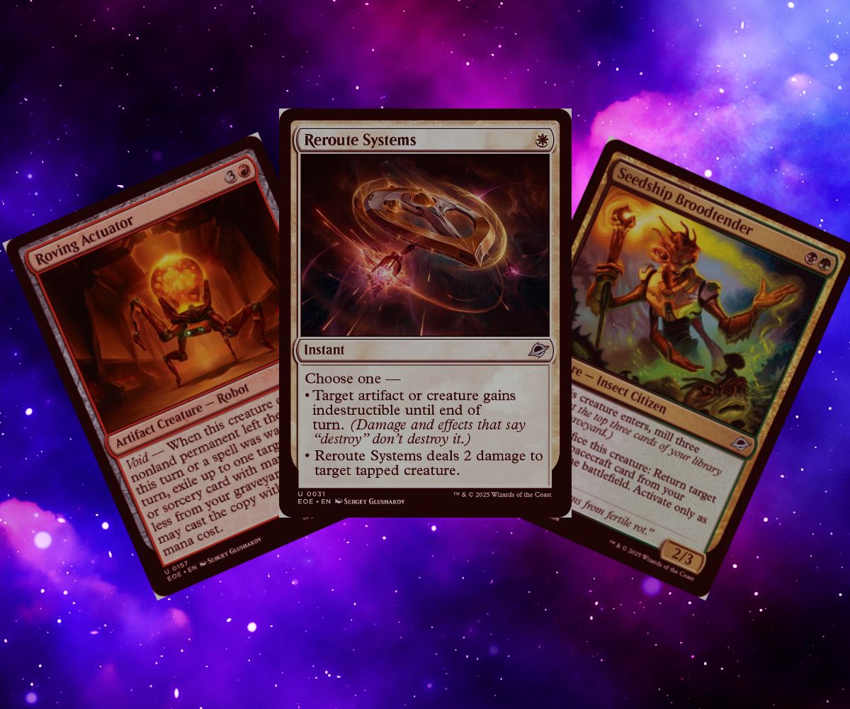 MTG Edge of Eternities cards Seedship Broodtender, Roving Actuator,