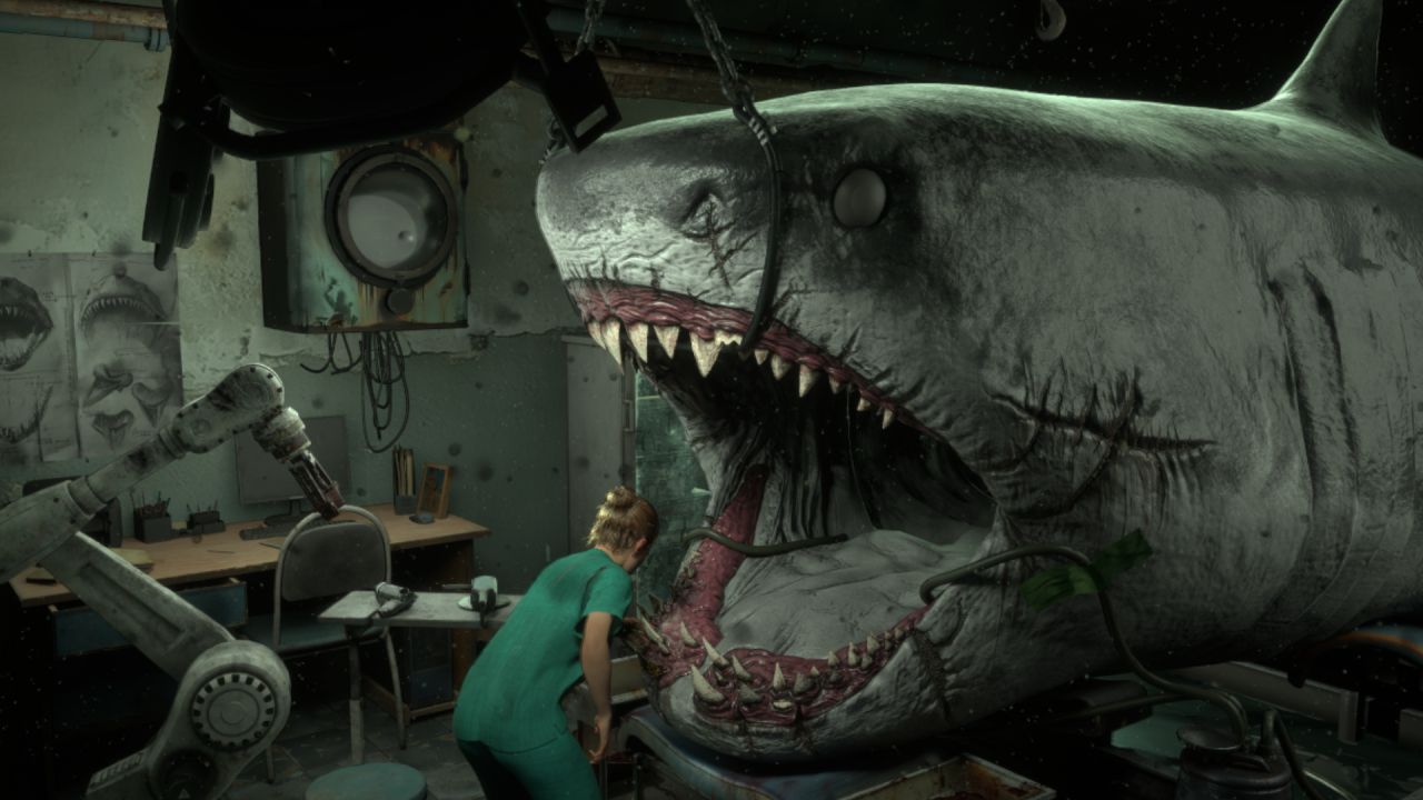 A female dentist leans into the open mouth of a sedated shark, which hangs from the ceiling.