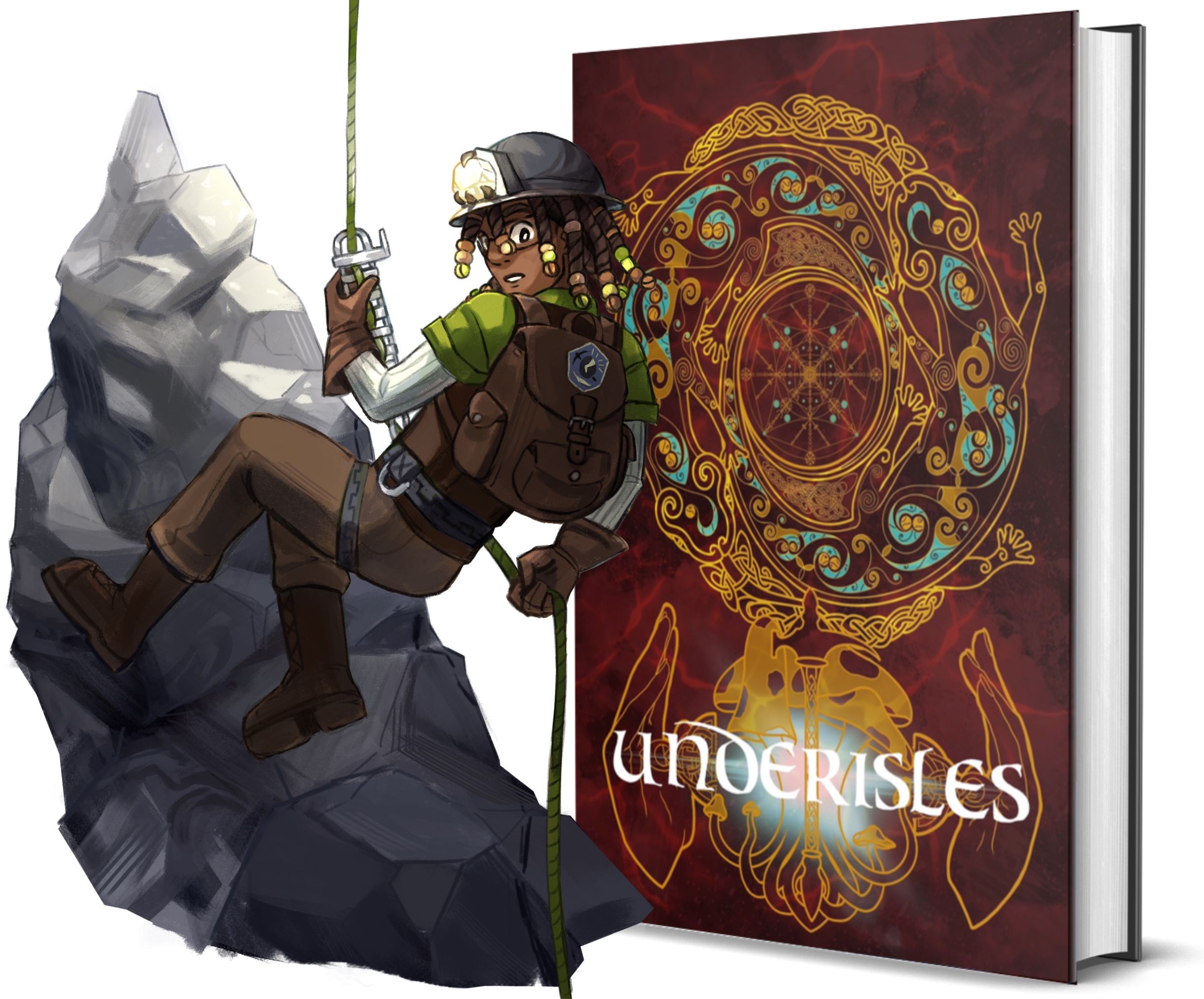 A spelunker next to tghe cover of Underisles