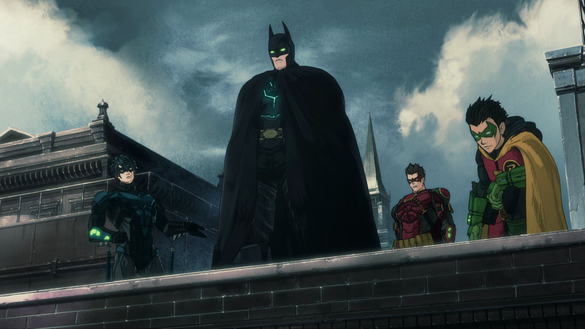 Nightwing, Batman, Red Robin and Robin look over the side of a Gotham