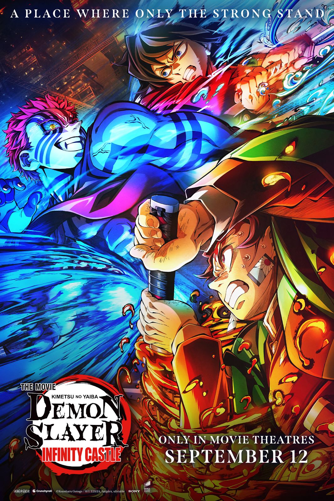 A sword clash between three individuals on the theatrical poster for Demon Slayer Infinity Castle