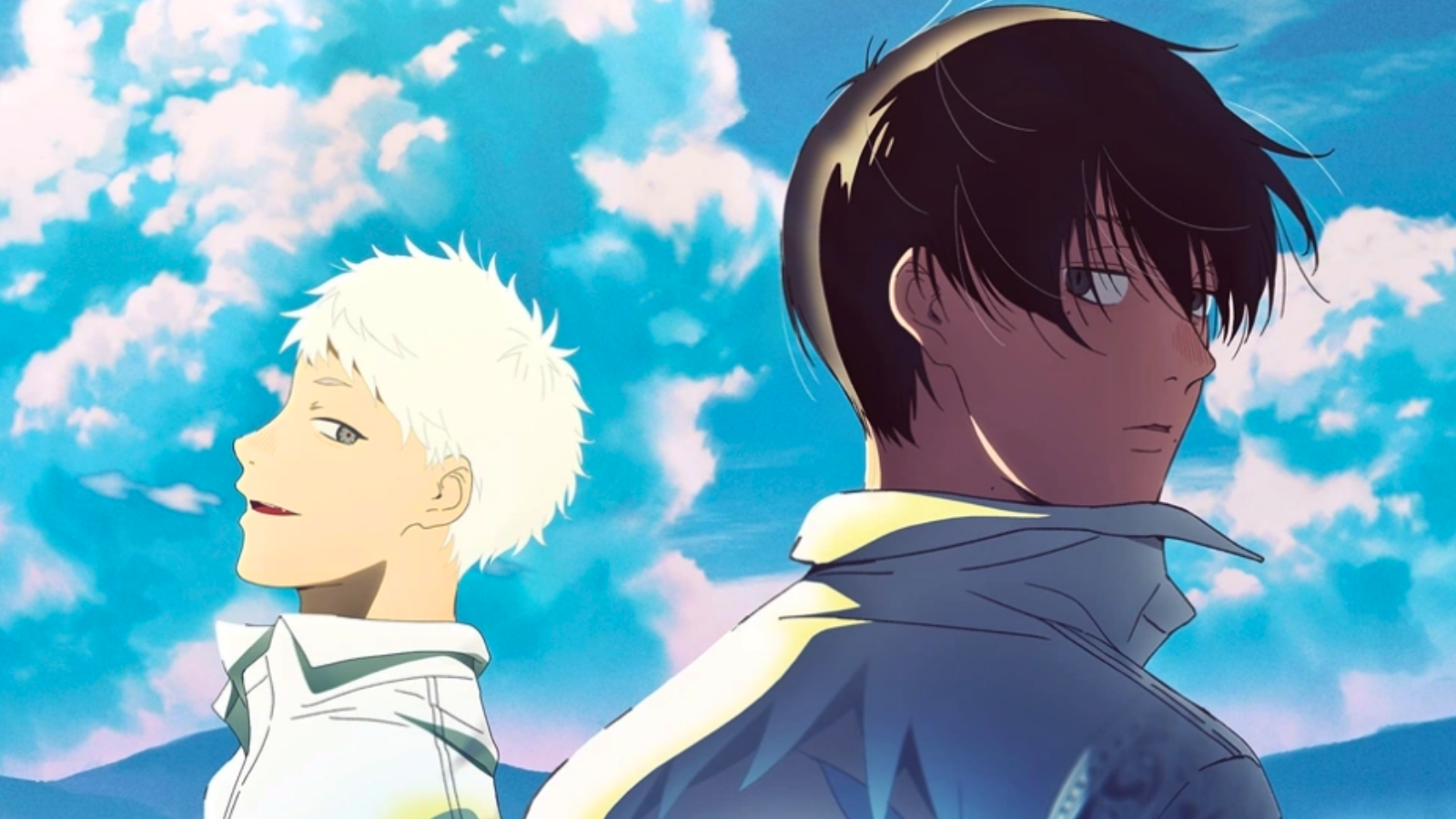 Two boys stand in front of a sunny, cloudy sky. One is shrouded in shadow, the other has the suns rays on his face. Key art from The Summer Hikaru Died.