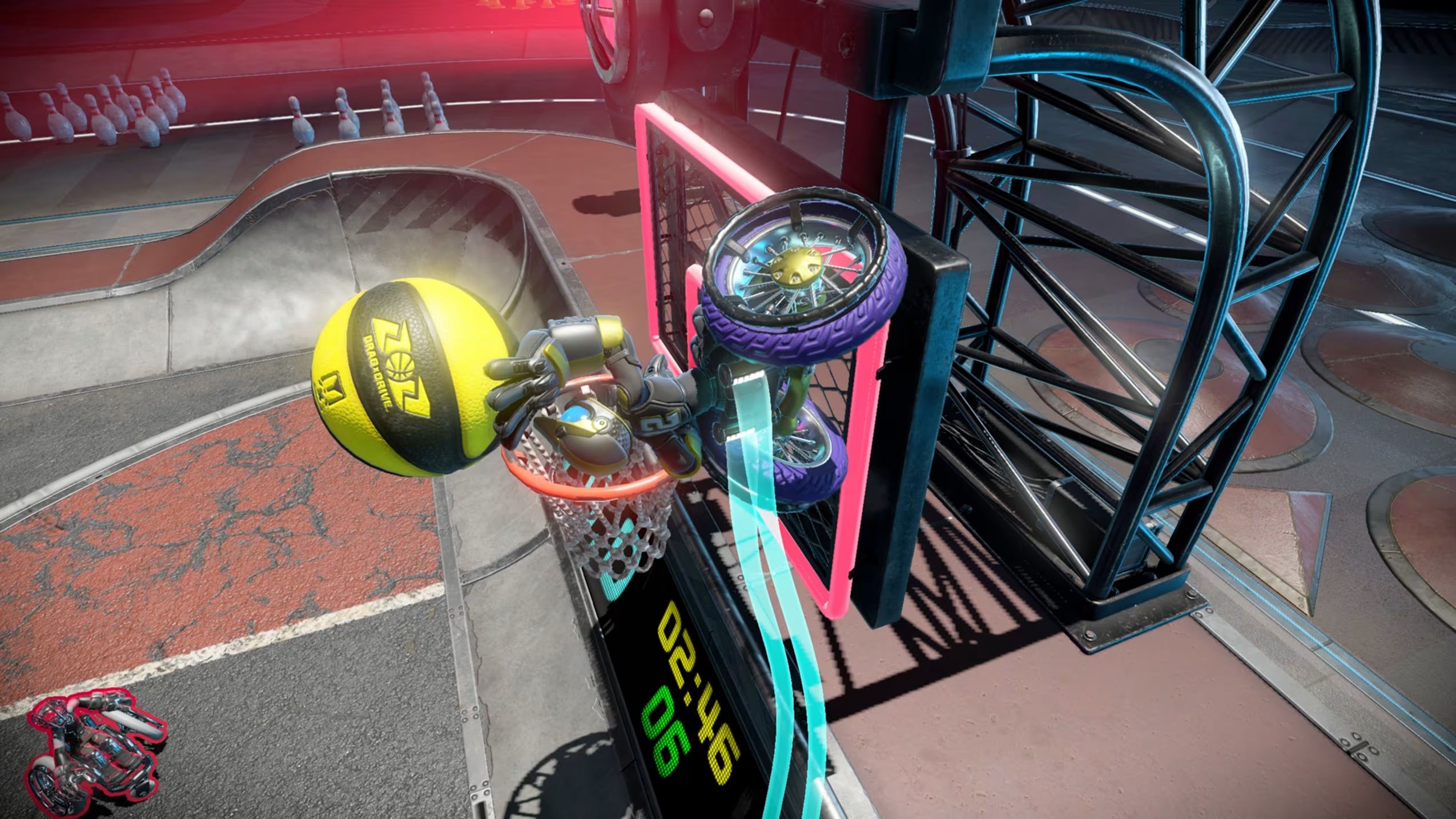A Drag x Drive competitor driving up a backboard with a ball in their hands