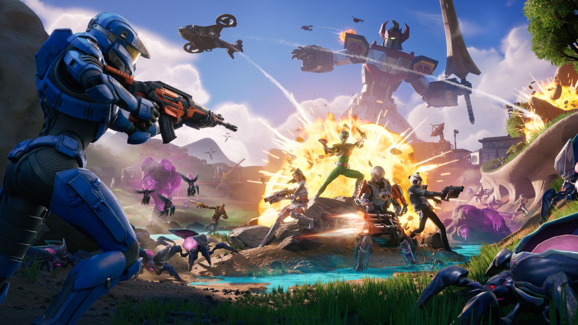 A Halo spartan, the Mighty Morphin Power Rangers, and the Fortnite Chapter 6 Season 4 battle pass skins fighting off a swarm of bugs.