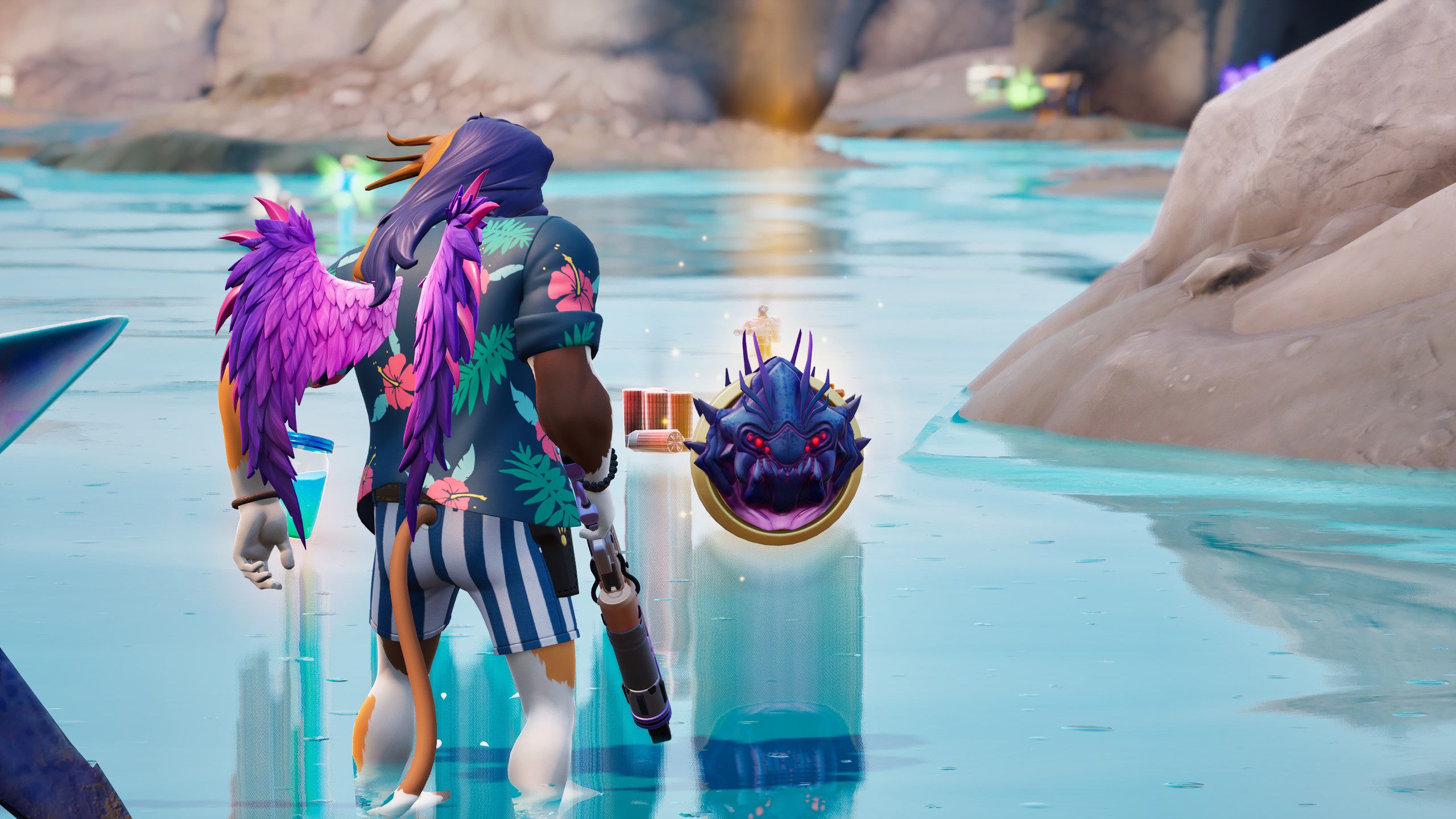 A summer-beach Meowscles with wings approaches a medallion of a Queen in Fortnite