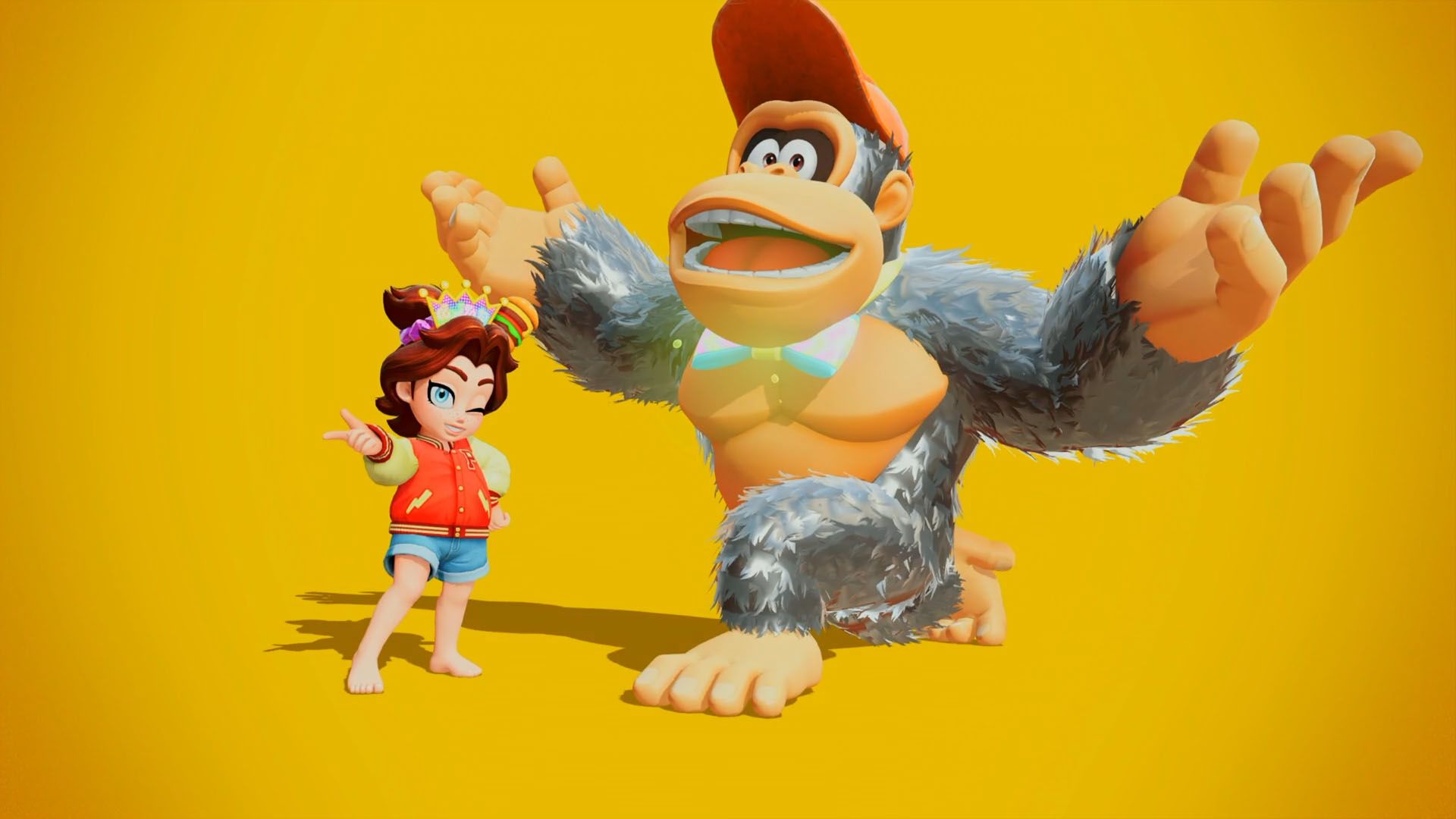 Donkey Kong and a young Pauline showing off their new outfits.