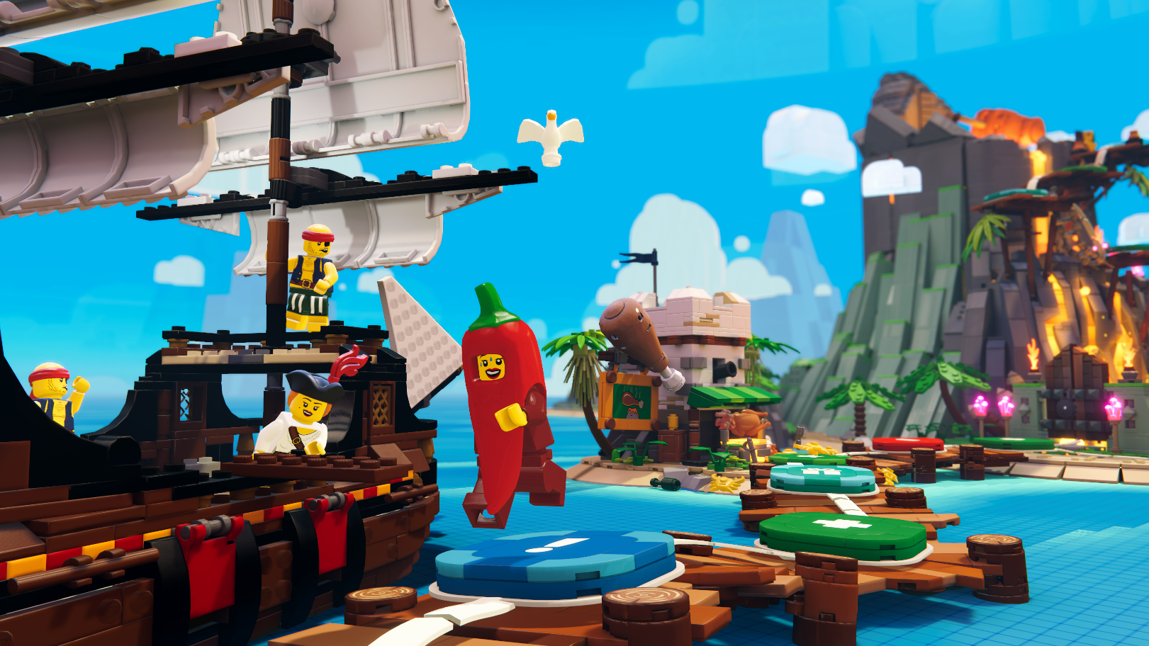 A Lego chili pepper moves on a pirate themed board in Lego Party!