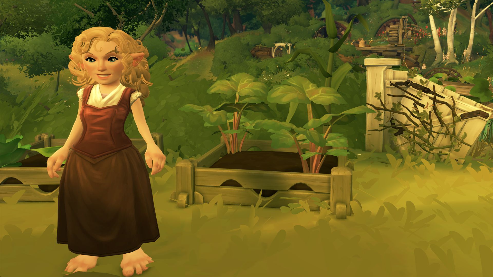 A hobbit standing next to some rhubarb plants in Tales of the Shire.