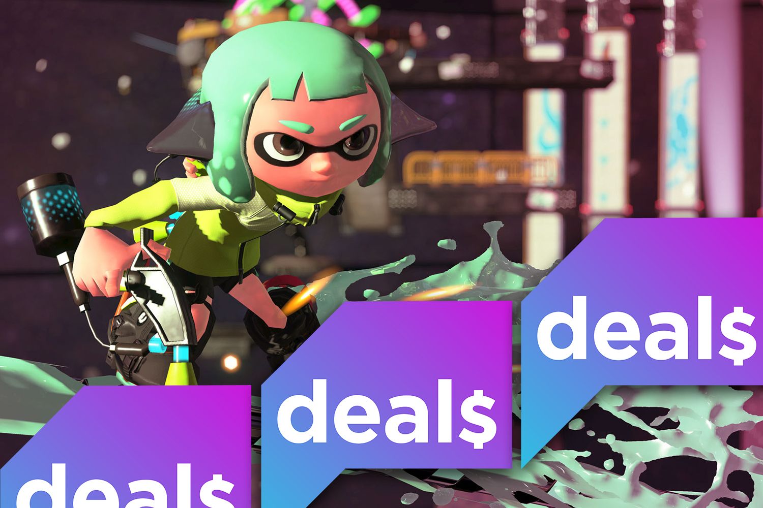 A screenshot from Splatoon 2, overlaid with the Polygon Deals logo