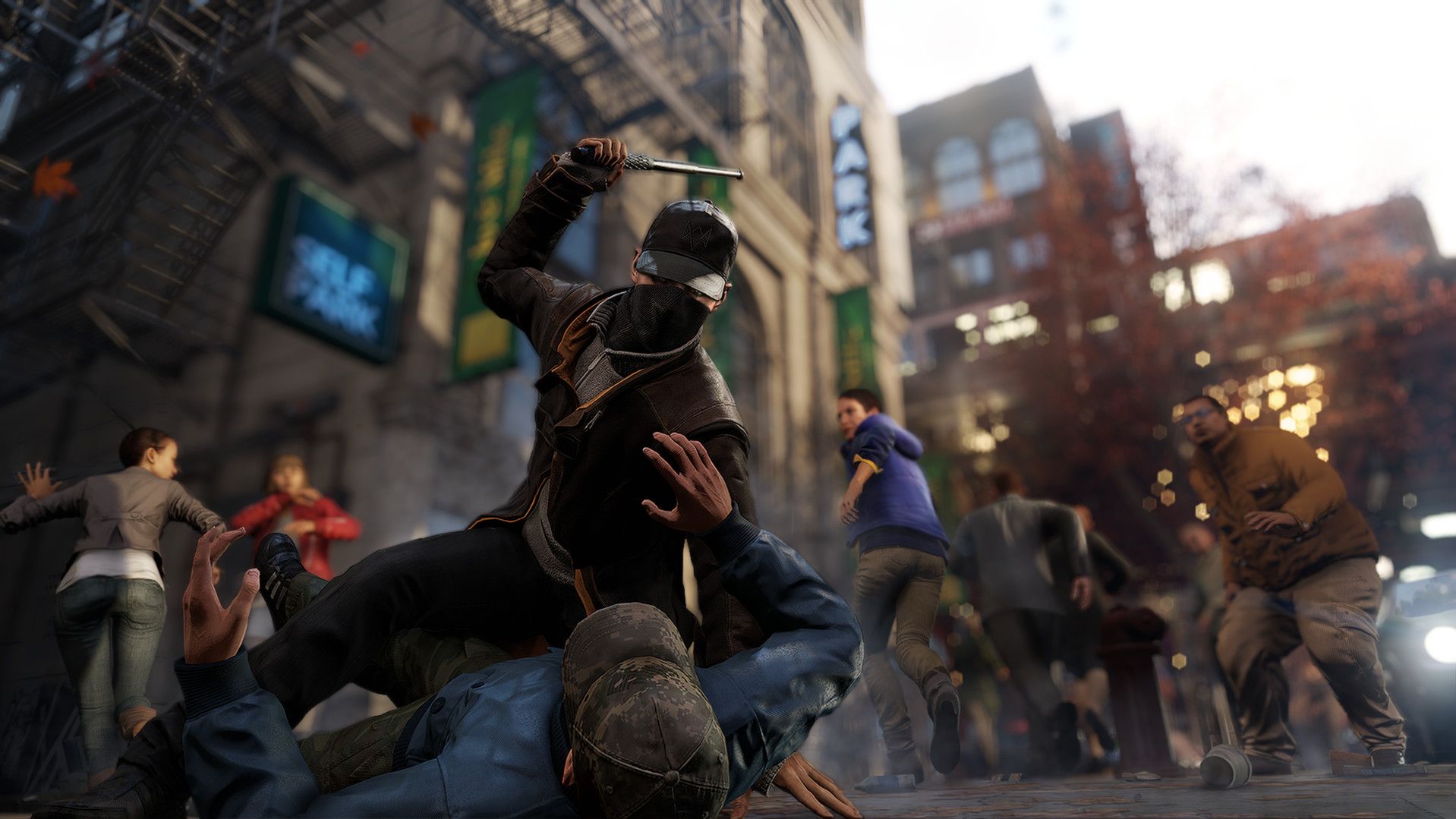 Aiden Pearce beats up someone with a baton in Watch Dogs