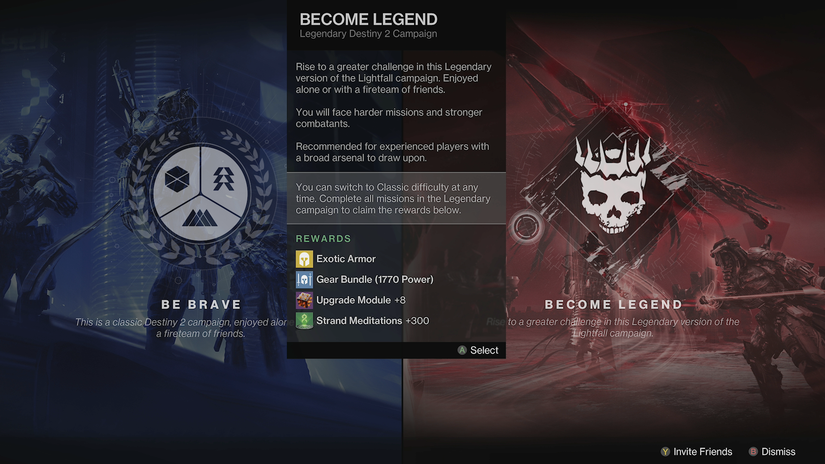 Destiny 2 Lightfall Legendary campaign rewards, how to change difficulty