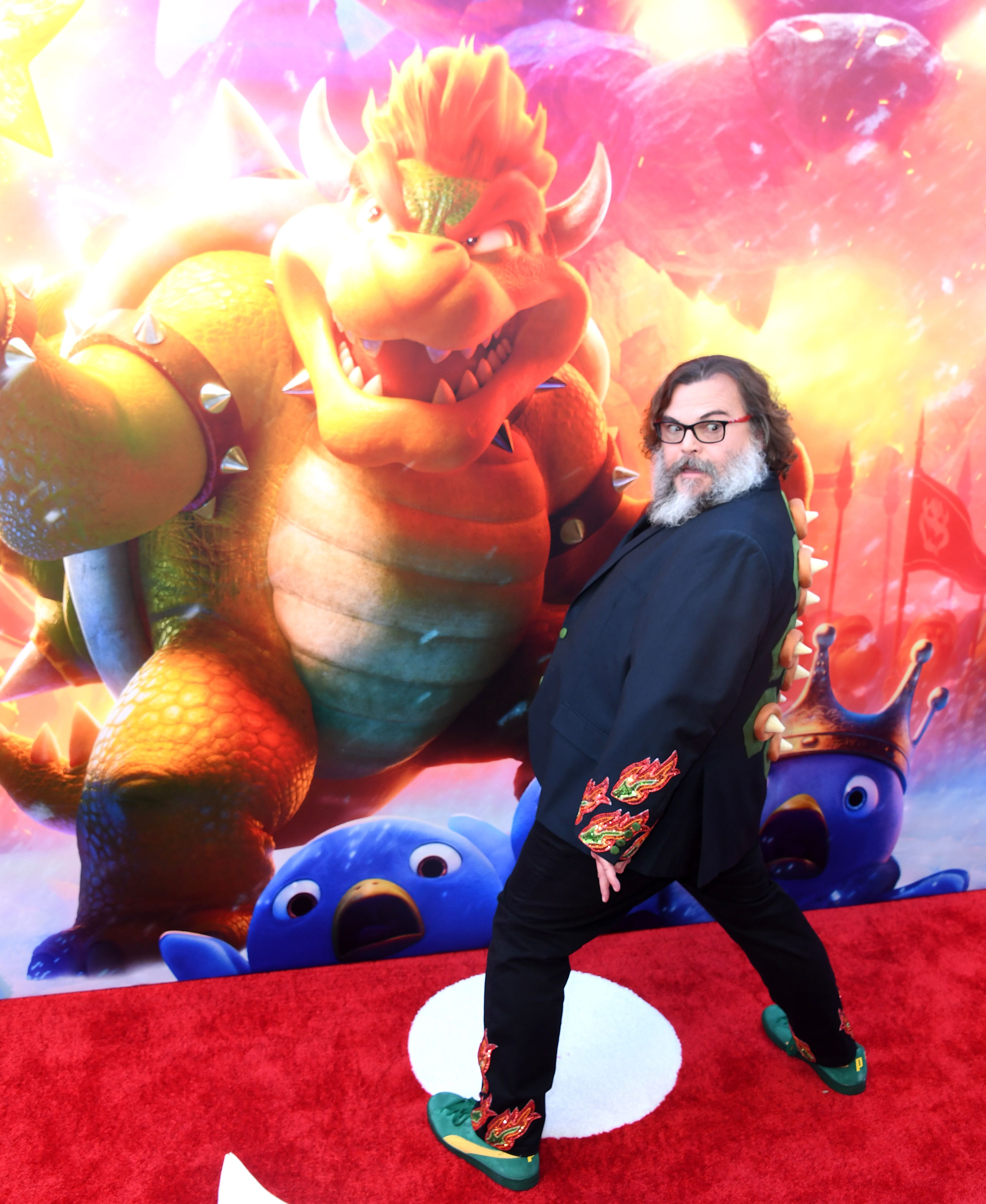 Jack Black stunted as Bowser on The Super Mario Bros. Movie red carpet