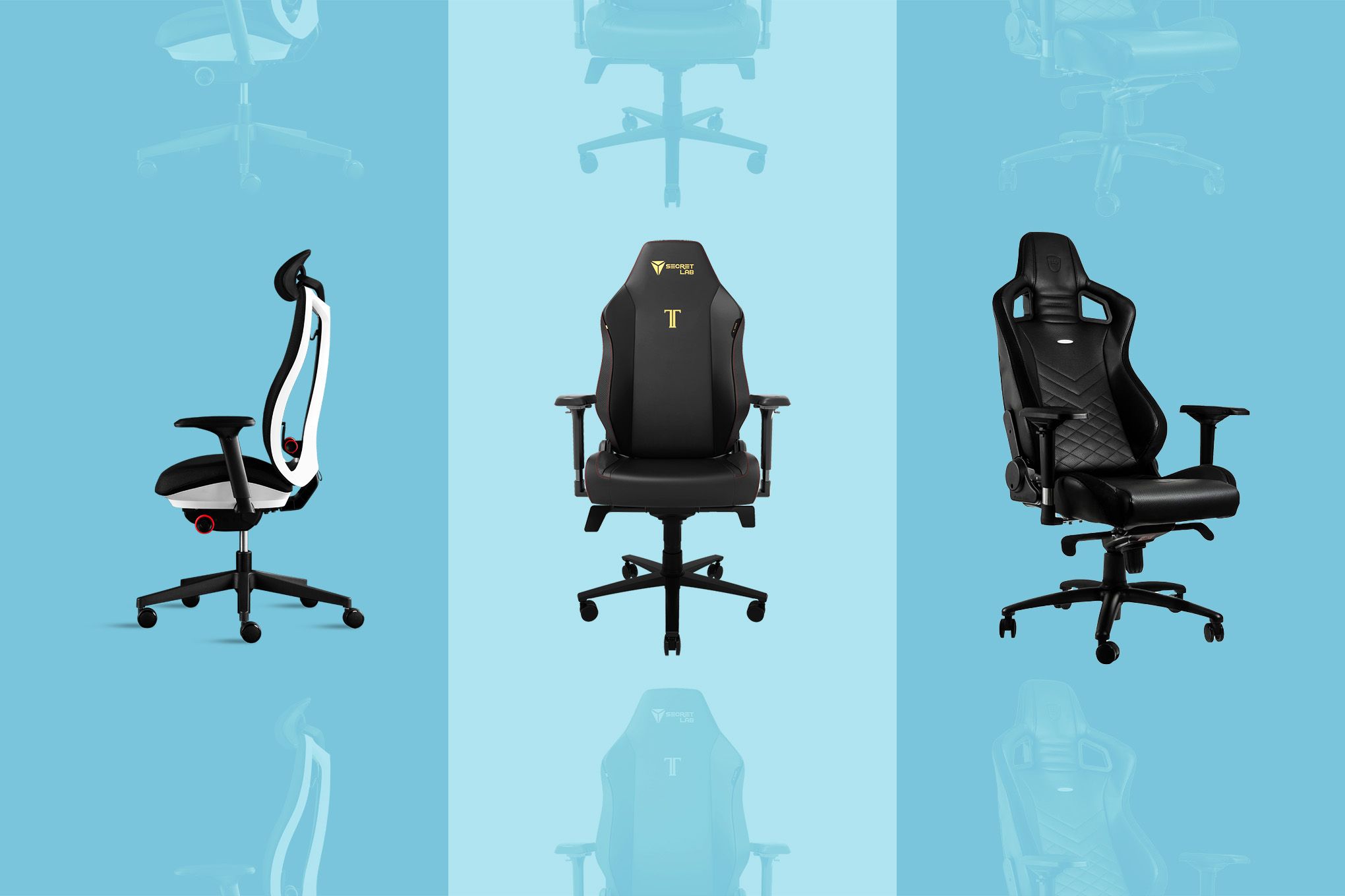 An blue-colored image split into three equally sized vertical sections, each with a gaming chair floating in them. The left side features the Herman Miller x Logitech Vantum G, the middle features the SecretLab Titan Evo, and on the right is the Noblechairs Epic.